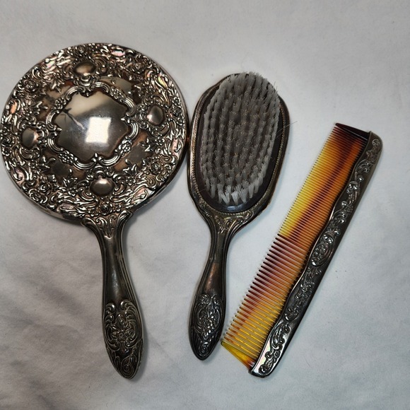 Bath | Vintage Silver Plated Repousse Hand Mirror Brush And Comb Set Of ...